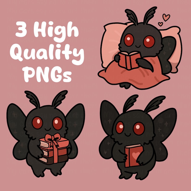 Bookish Mothman Digital Sticker Set – 3 Cozy Coquette Cryptid Pngs With ...