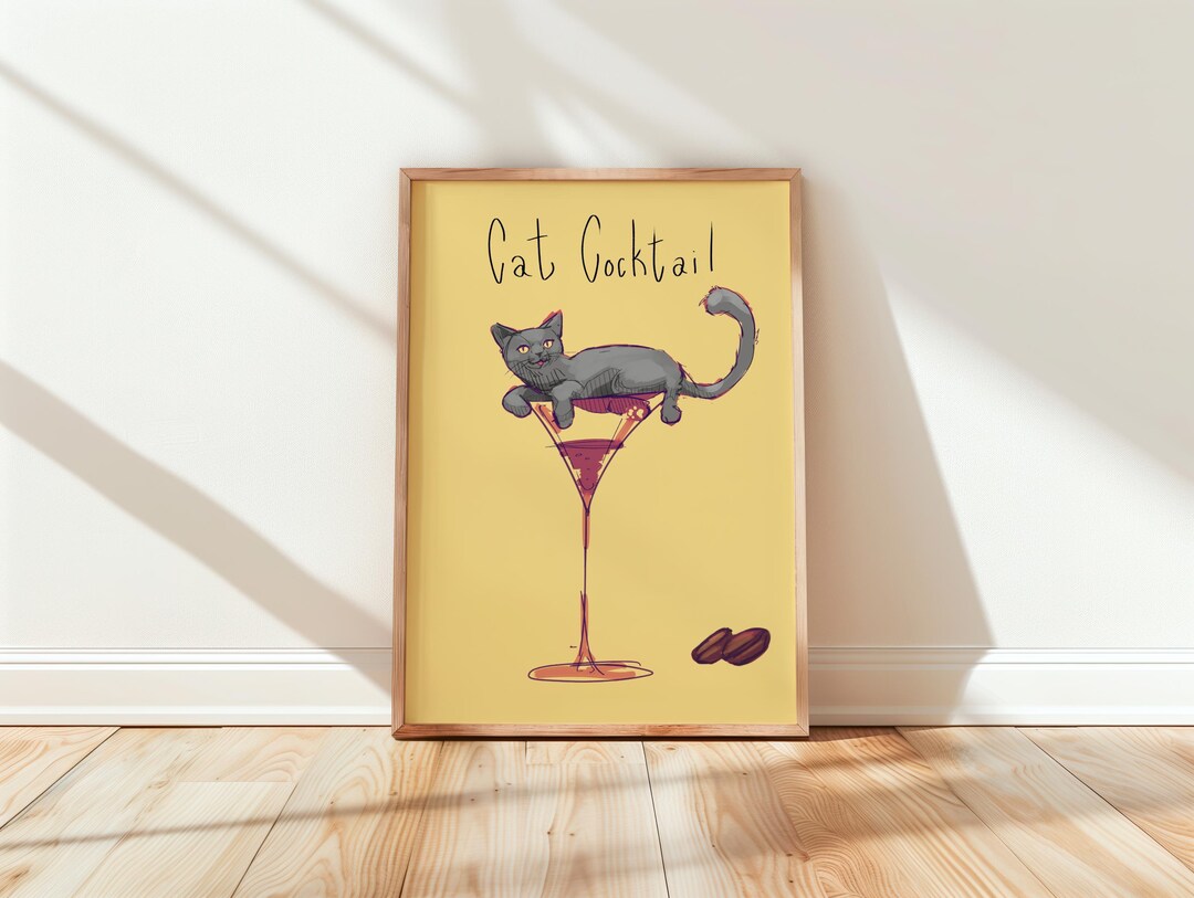 Cat Cocktail Hand Drawn Print, Martini Cat Digital Poster Download - Etsy