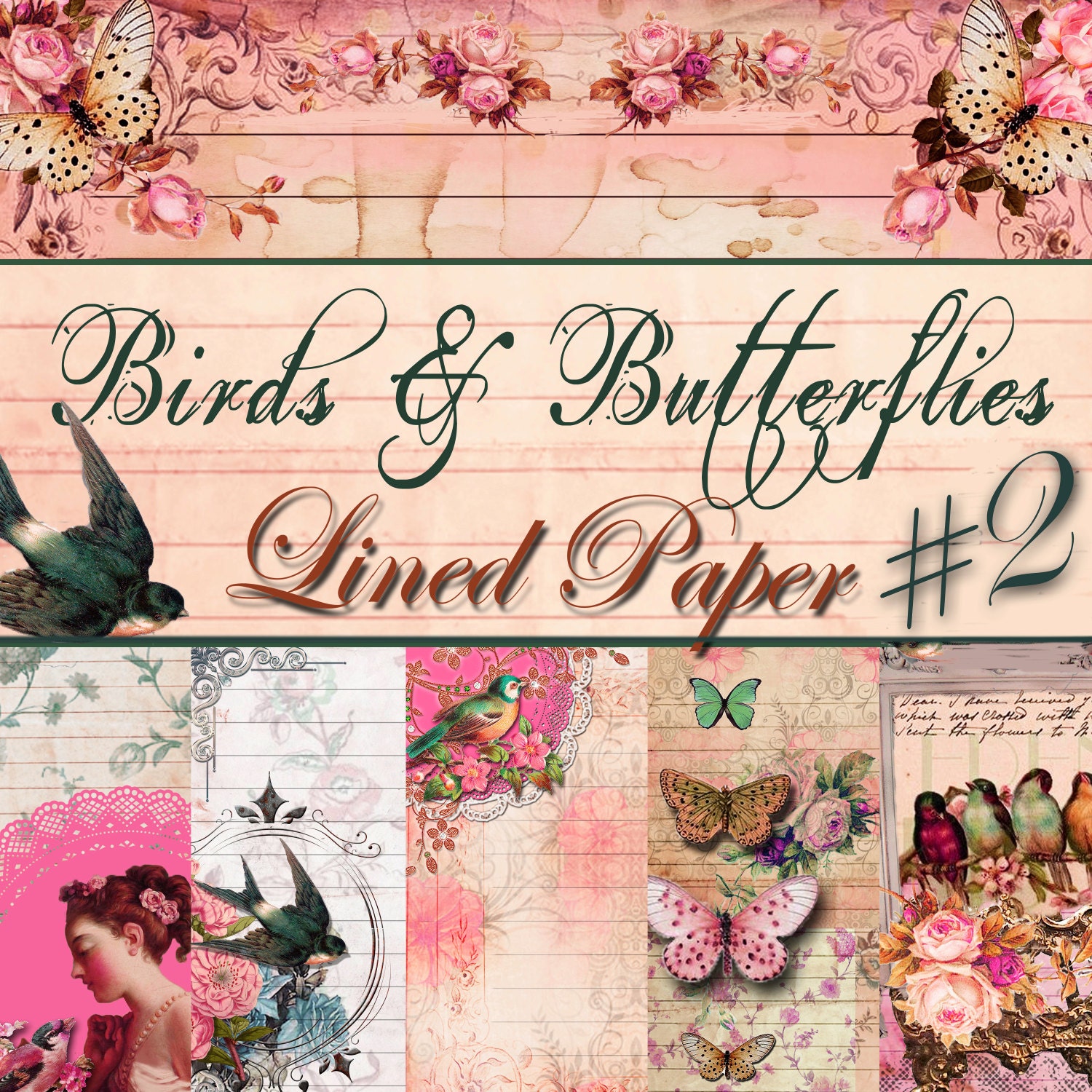 Digital Paper - Birds & Butterflies Lined Paper Collection - PACK 2 - 4 ...