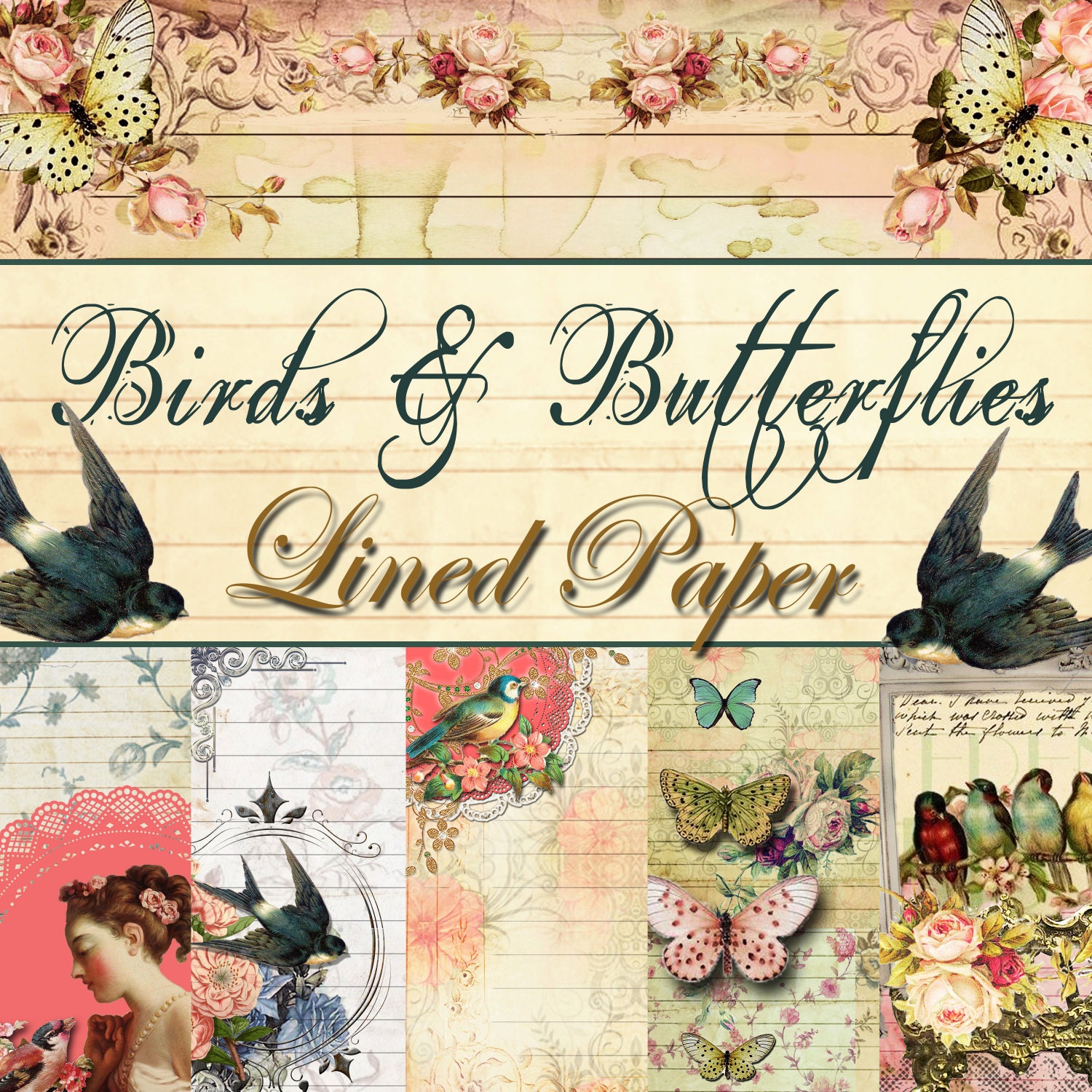 Digital Paper Birds & Butterflies Digital Lined Paper | Etsy