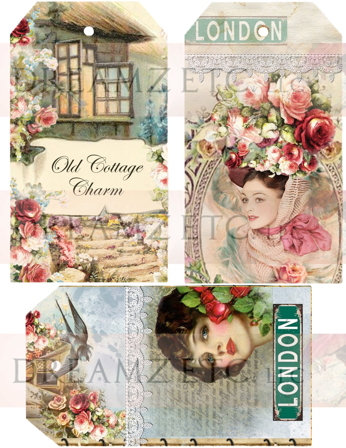 Digital Paper Journal Kit Cottage Rose Tags & Ephemera | Etsy
