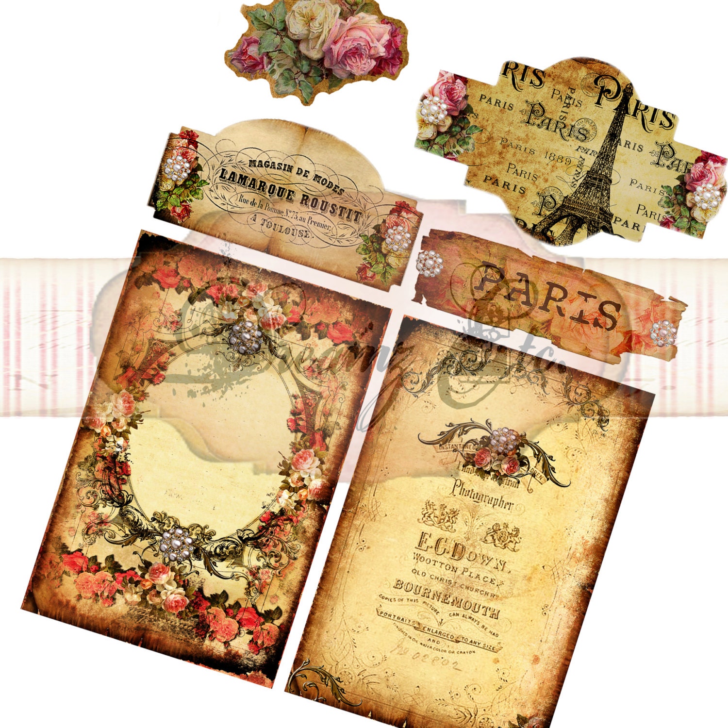 Digital Kit "paris Rose" - Tags, Ephemera and Cabinet Card Pack, Great ...