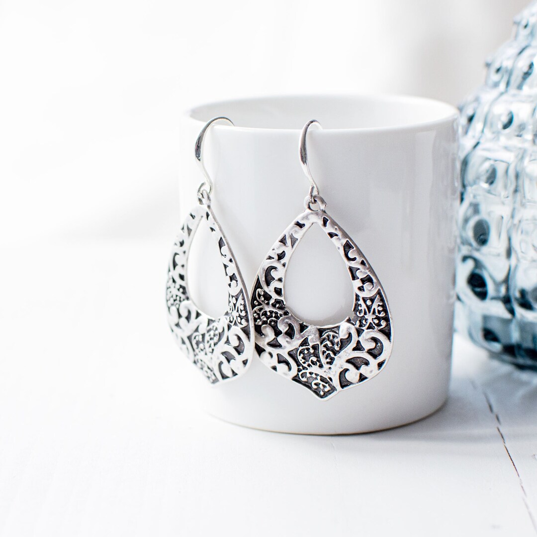 Antique Silver Large Textured Earrings, Statement Earrings, Big Silver ...