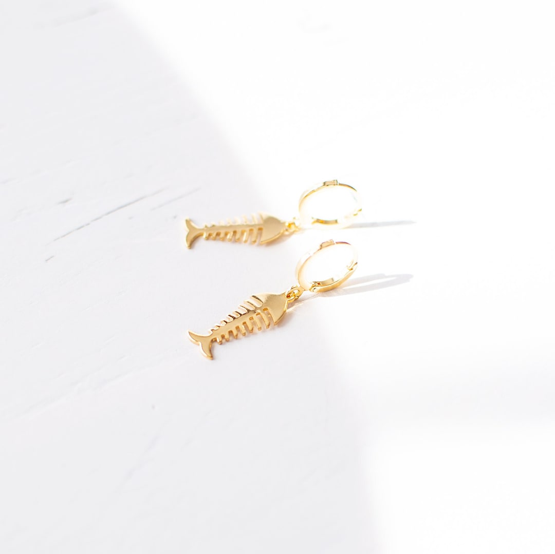 Fish Bone Earrings, Gold Plated Hoop Earrings, Animal Skeleton Huggie ...