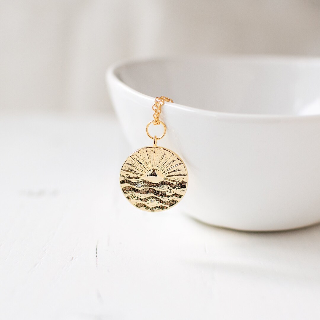 Sunset Pendant Necklace, Sun Coin Necklace, Sun and Sea Necklace, Gold ...