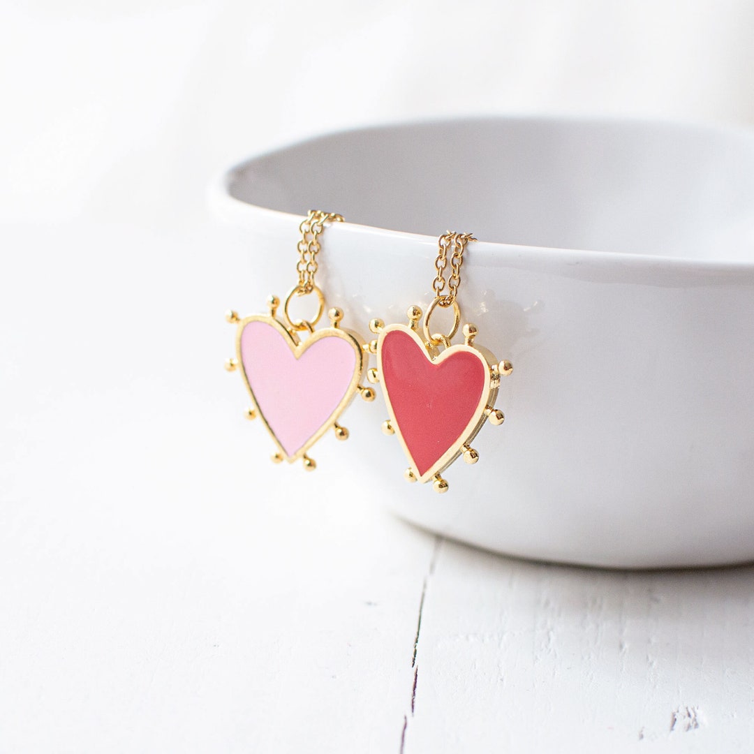 Enamel Heart Pendant Necklace, Red or Pink Heart Shaped Necklace, Gold ...