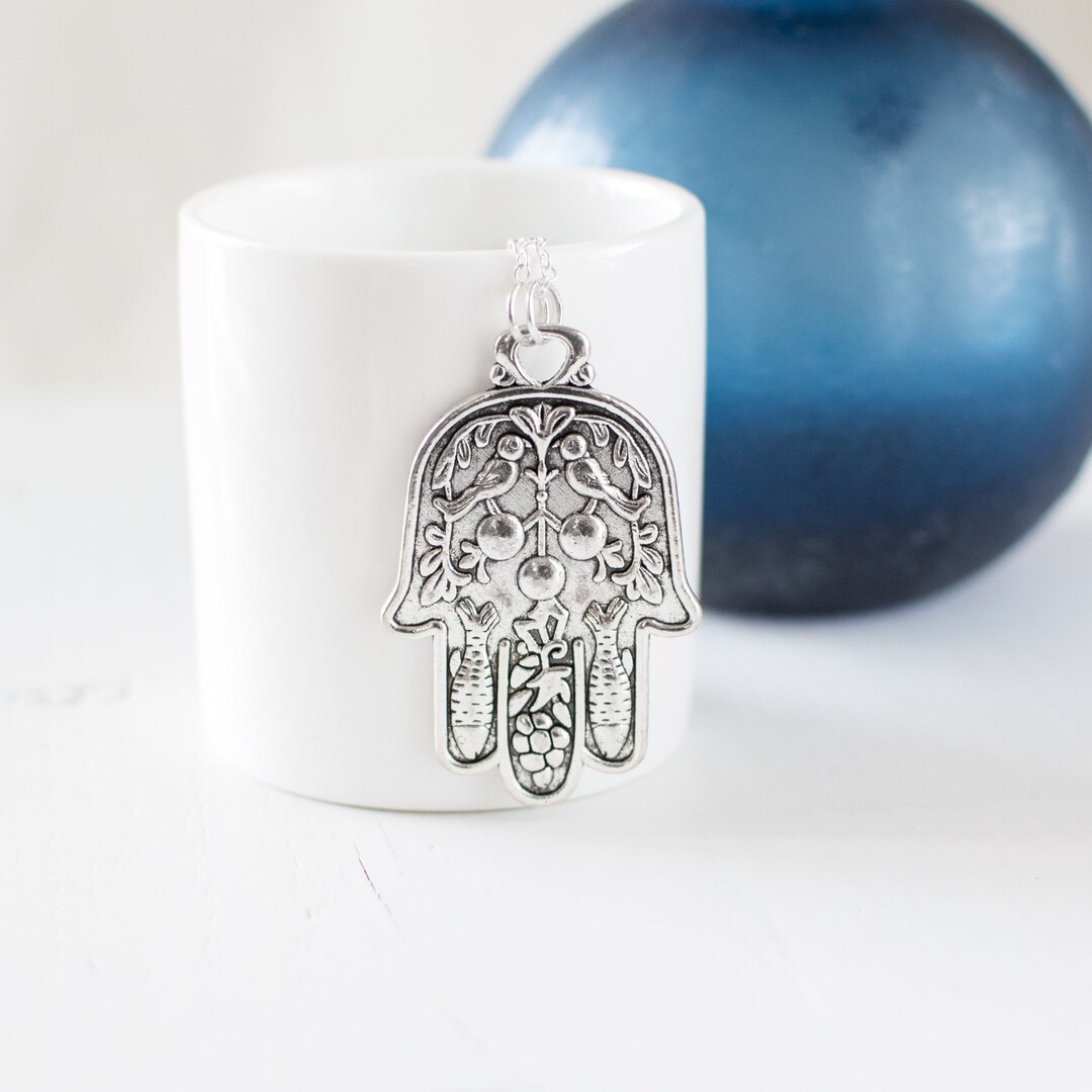 Antique Silver Hamsa Necklace, Hand of Fatima Necklace, Large Statement ...