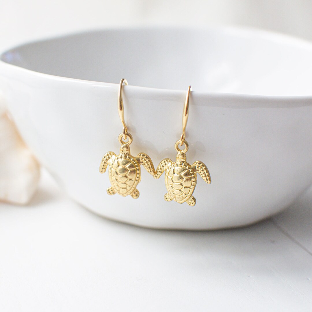 Gold Turtle Earrings, Sea Turtle Drop Earrings, Beach Inspired Dangle ...
