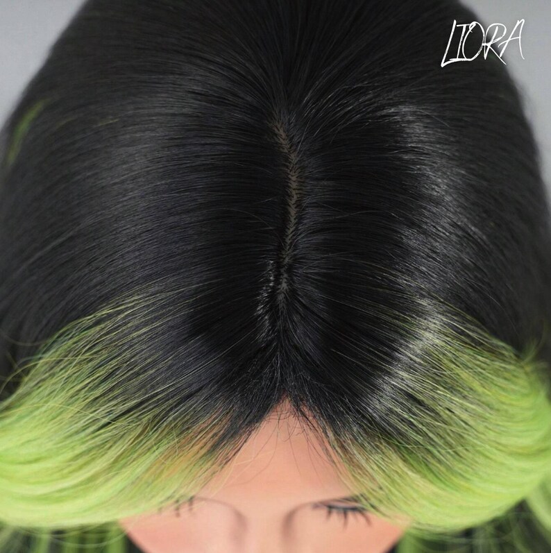 Highlight Green Long Black Wig, Wavy Synthetic Heat-resistant Wig for ...