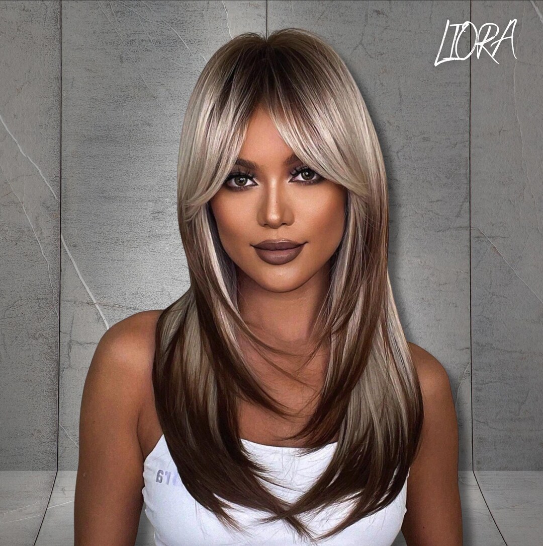 Long Layered Multicolor Wig With Bangs, Heat Resistant Synthetic Hair ...