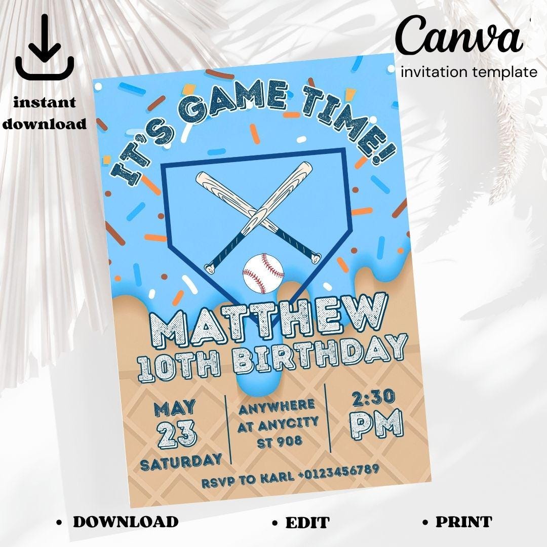 Baseball Drip Birthday Party Invitation, Digital Editable Canva ...