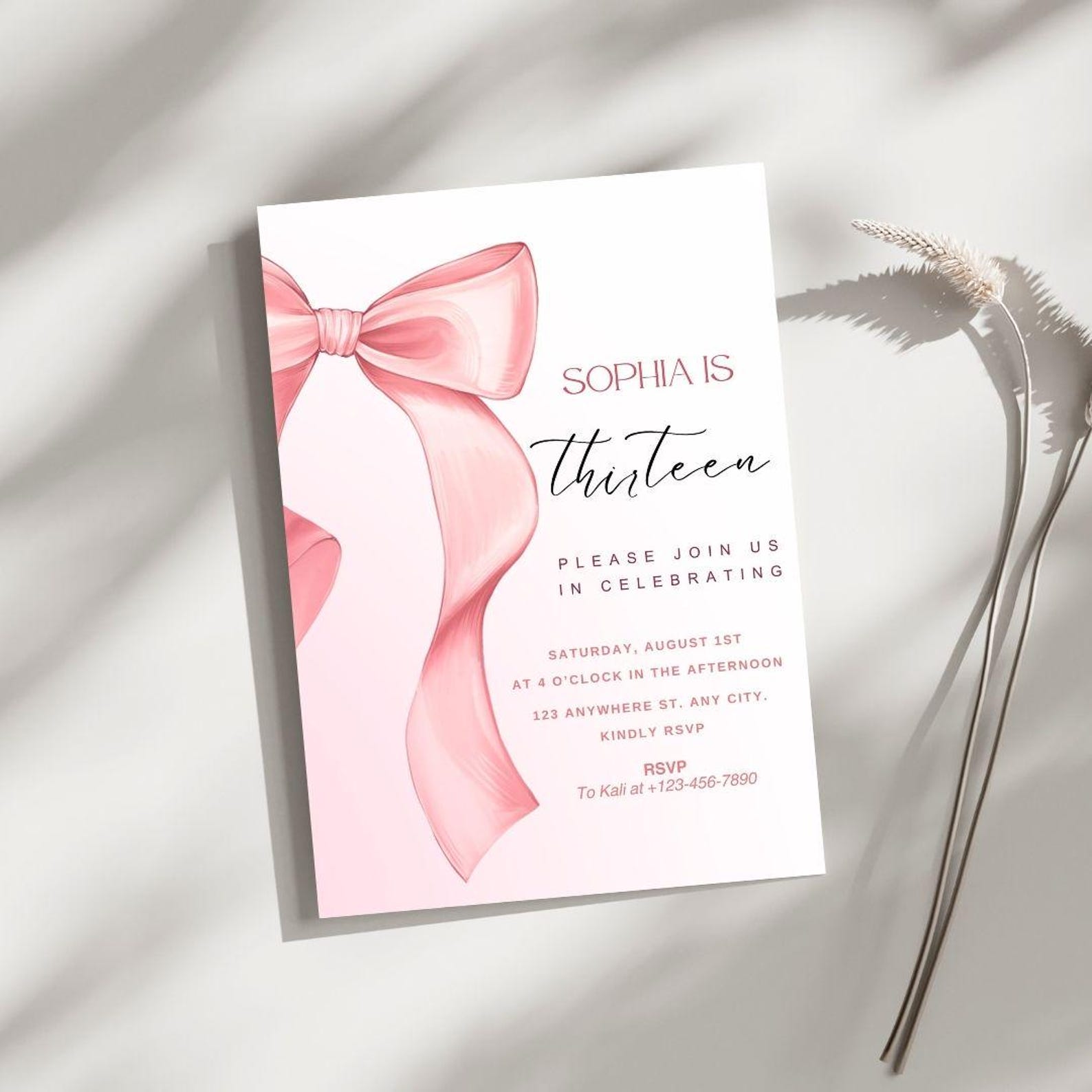Pink Bow Birthday Invitation Template: Coquette Ribbon Invite (digital ...