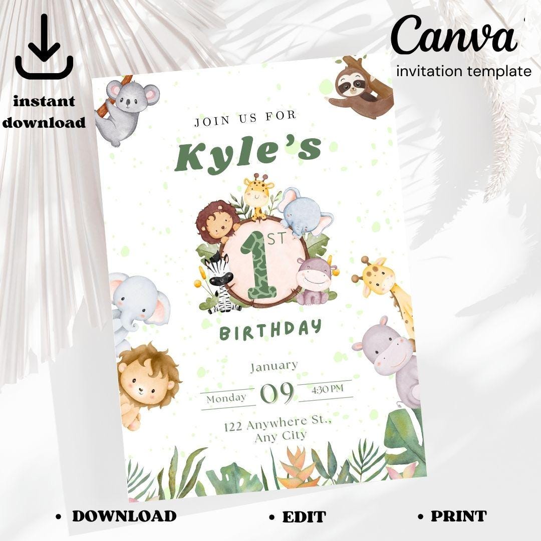 Party Animals First Birthday Invitation Template, Safari Animals ...