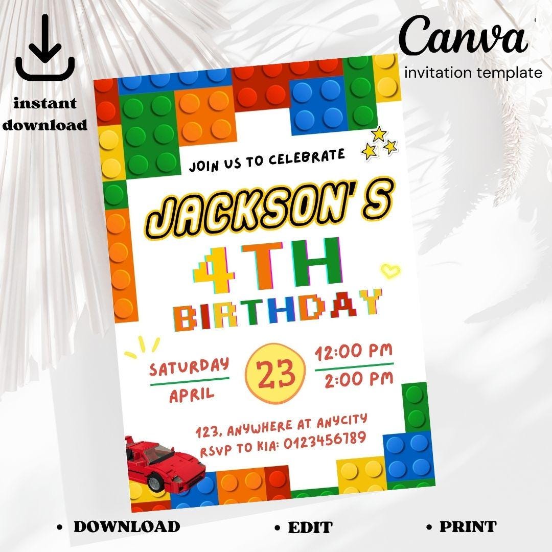 Editable Building Blocks Birthday Invitation | Construction Theme Party ...