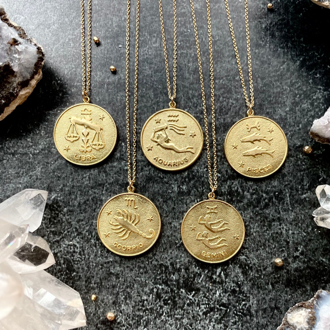Gold ZODIAC Necklace - Astrological Sign - Vintage Brass Coin- 14k Gold ...