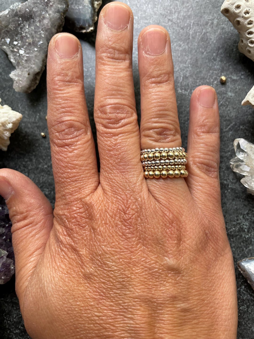 Gold Filled Stackable Rings and Sterling Silver Beaded Stretch Rings - Etsy