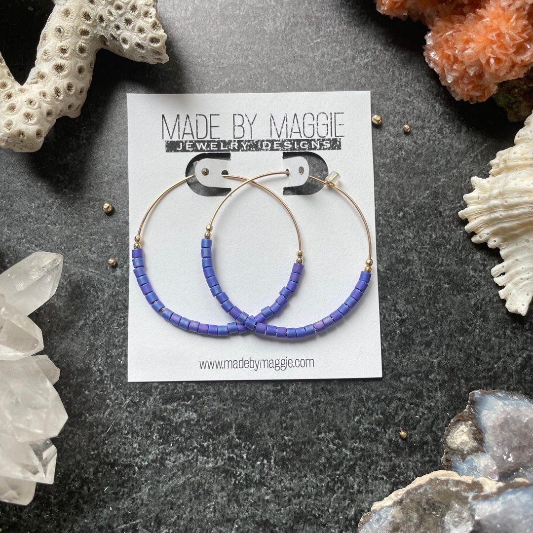Periwinkle Blue Seed Bead Hoops - Blueberry Milk Earrings - 1.75 Inch ...