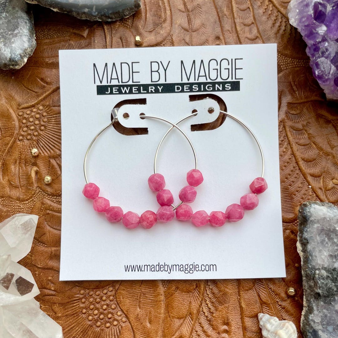 Pink Rhodonite Gemstone Hoop Earrings - Size 1.5 Inch Diameter ...
