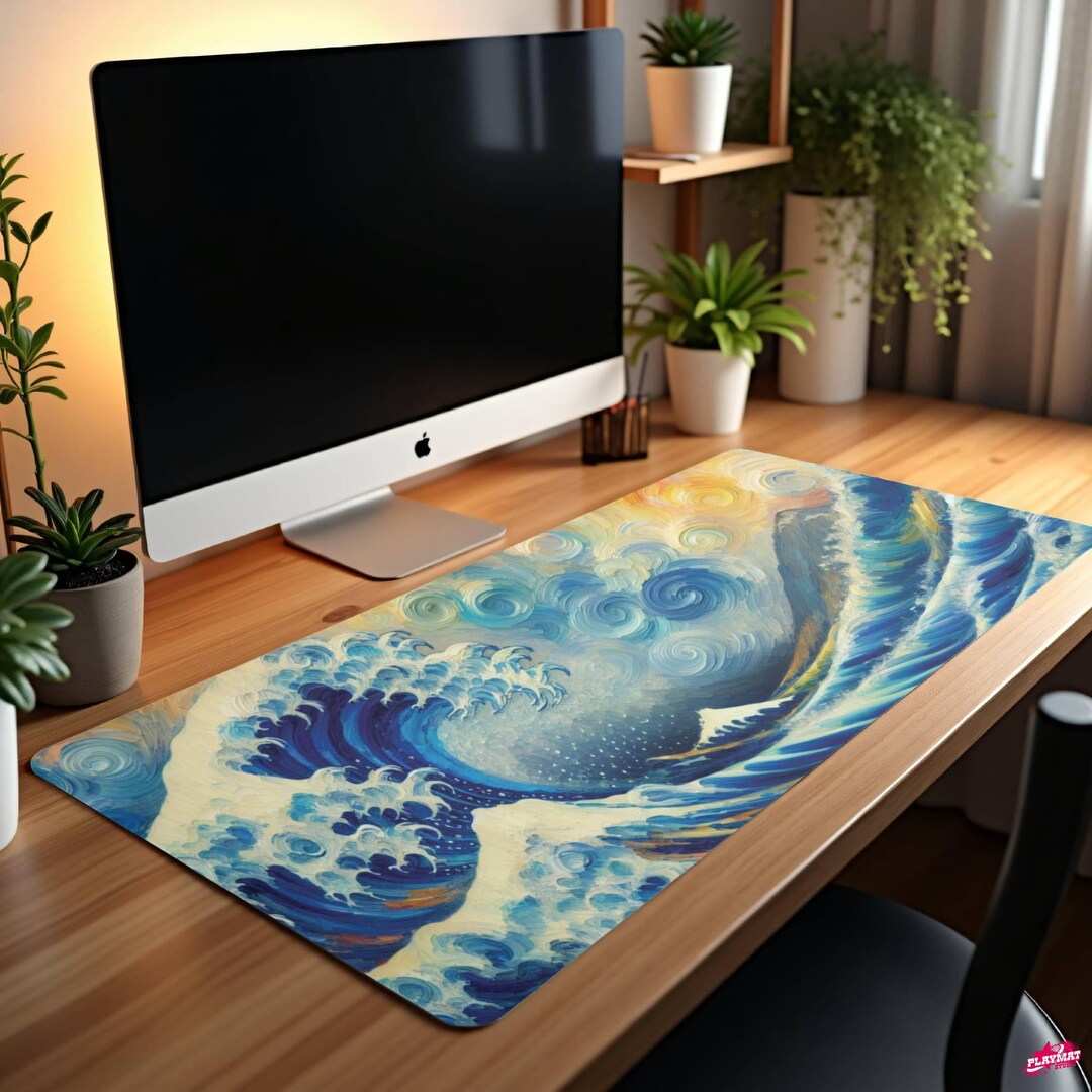 Ocean Wave Watercolor Desk Mat | Large Non-slip Desk Pad | Coastal ...