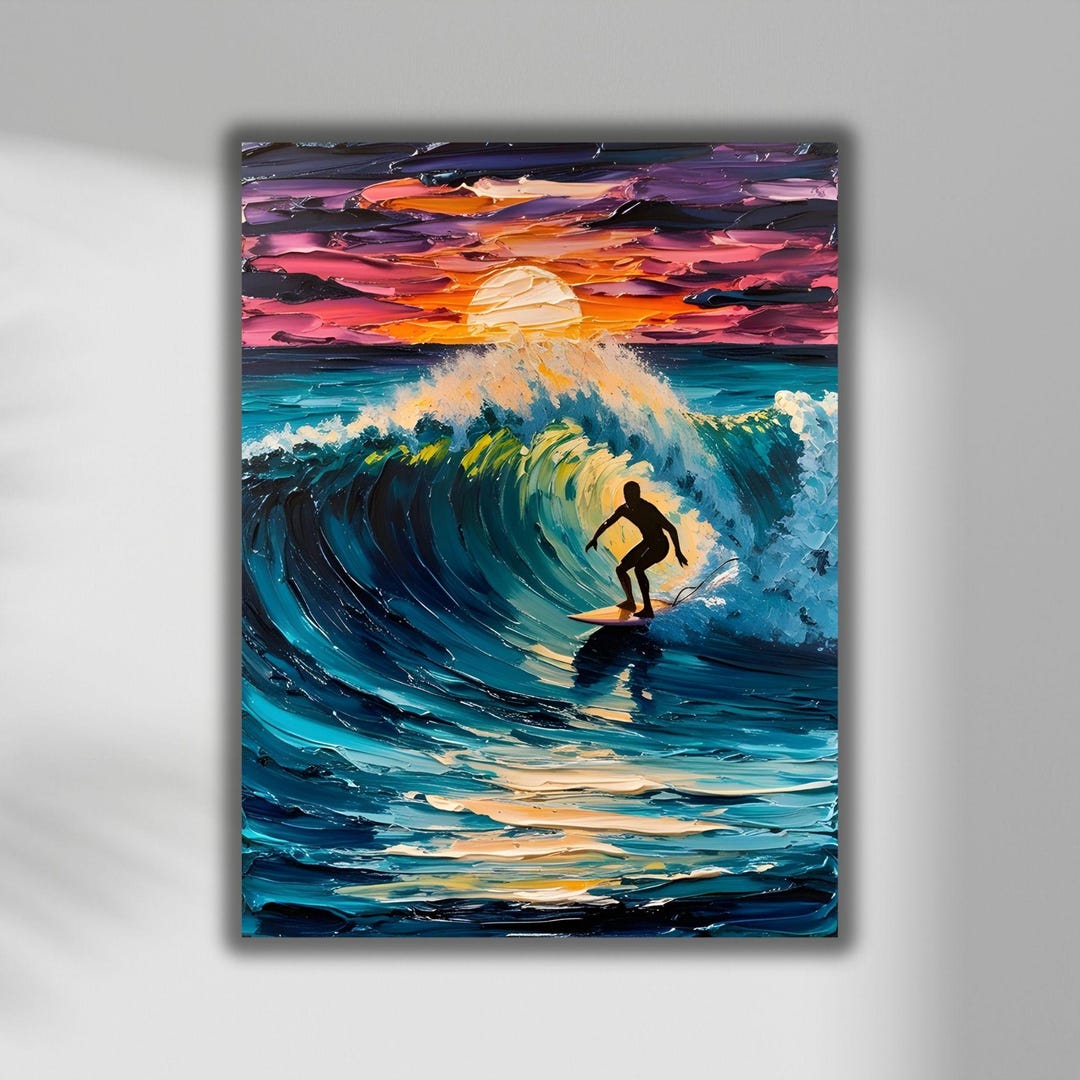 Surfing Digital Art, Ocean Wave Painting, Sunset Surf Print, Coastal ...