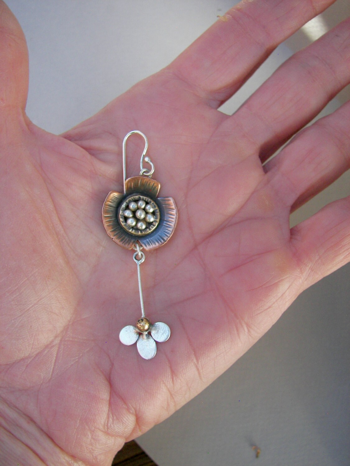 Mixed Metal Earrings Long Flower Earrings Dangle Earrings | Etsy