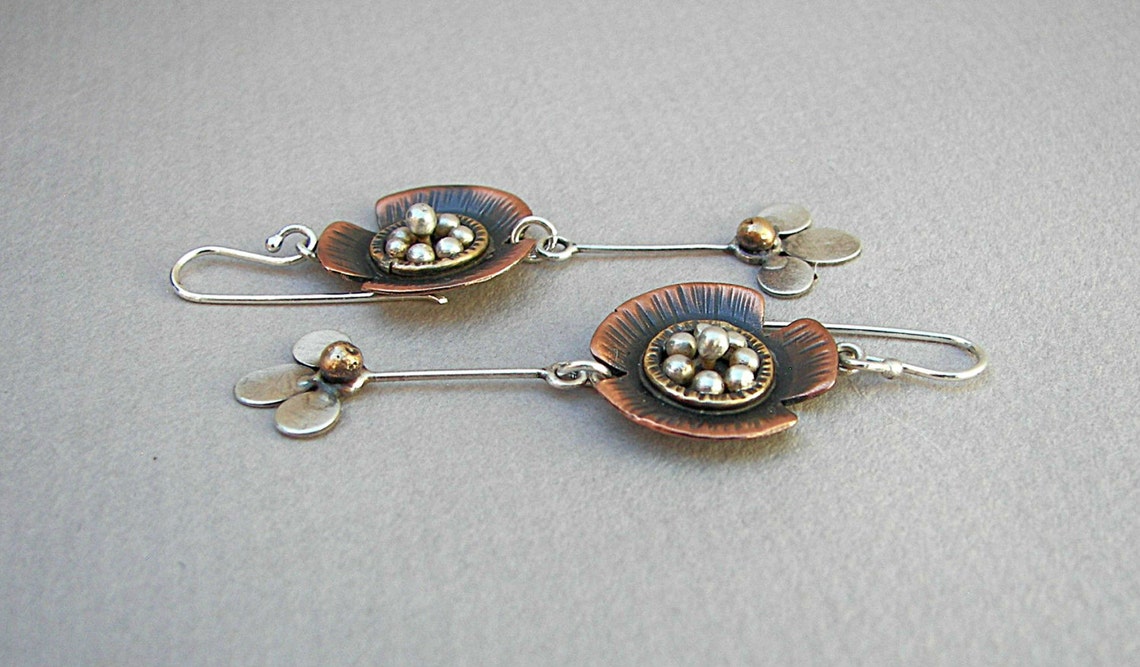 Mixed Metal Earrings Long Flower Earrings Dangle Earrings | Etsy
