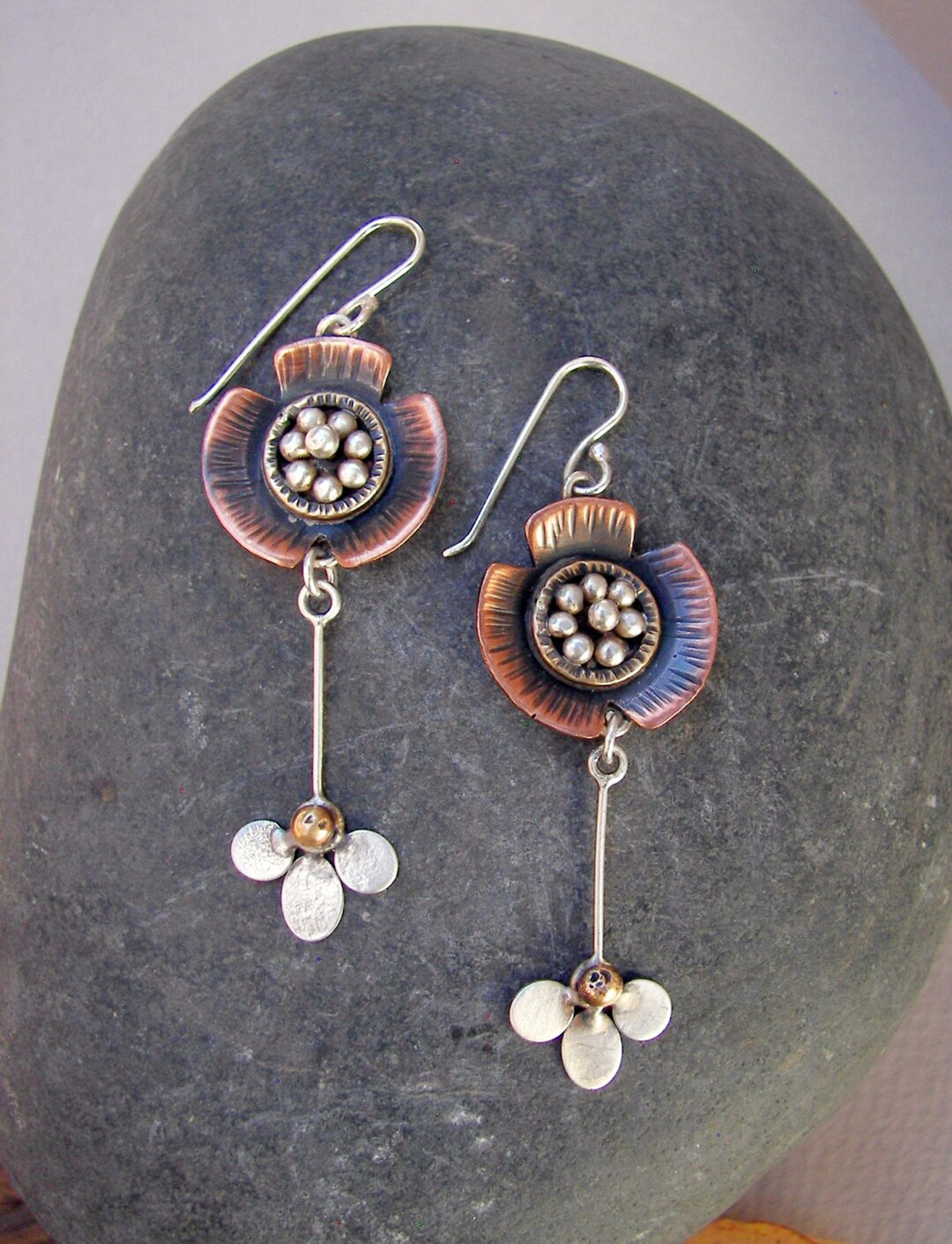 Mixed Metal Earrings, Long Flower Earrings, Dangle Earrings, Rustic ...