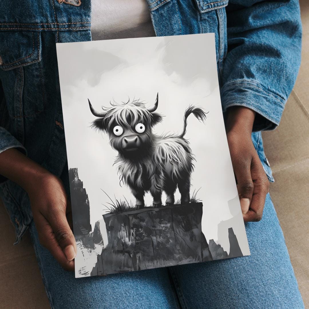 Gothic Highland Cow Art - Tim Burton Style Print - Dark Aesthetic Décor ...