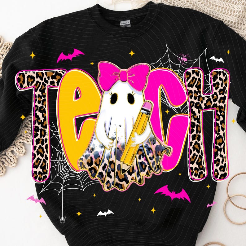 Preppy TEACH Fall Ghost Boo Png, Spooky Leopard Teach PNG, Pink Leopard ...