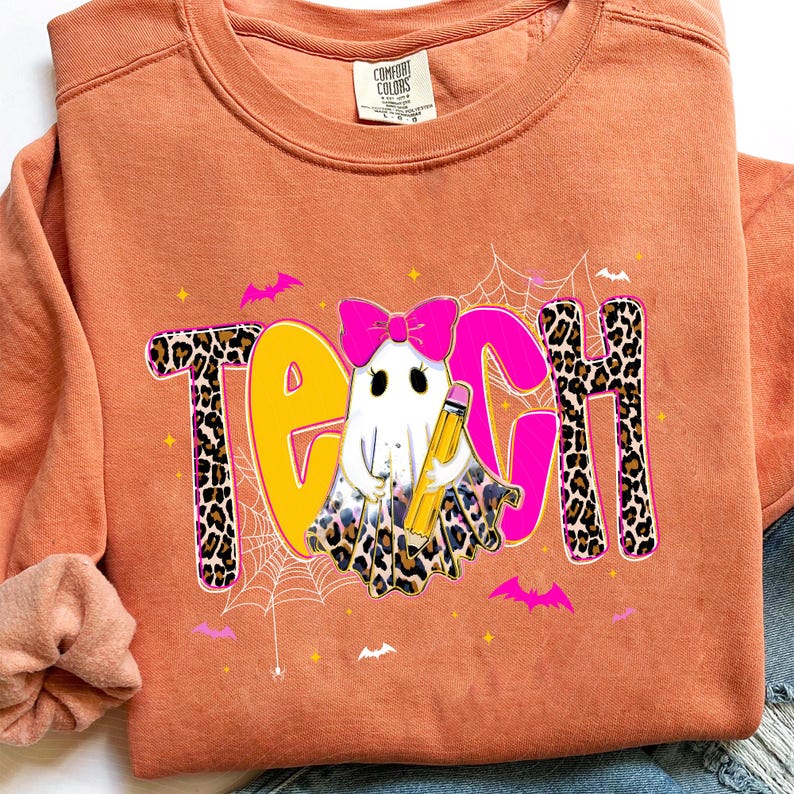 Preppy TEACH Fall Ghost Boo Png, Spooky Leopard Teach PNG, Pink Leopard ...