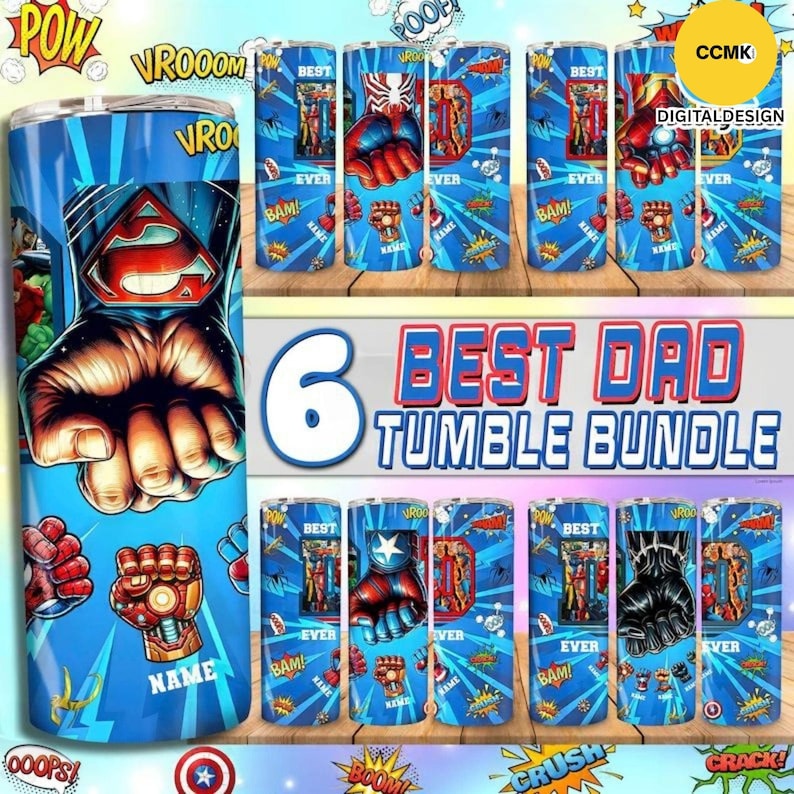 1-6 Hands Superhero Fist Bump Father's Day 20oz Tumbler Wrap Bundle ...