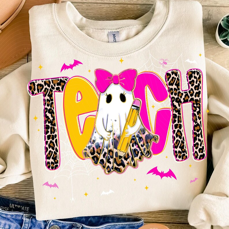 Preppy TEACH Fall Ghost Boo Png, Spooky Leopard Teach PNG, Pink Leopard ...
