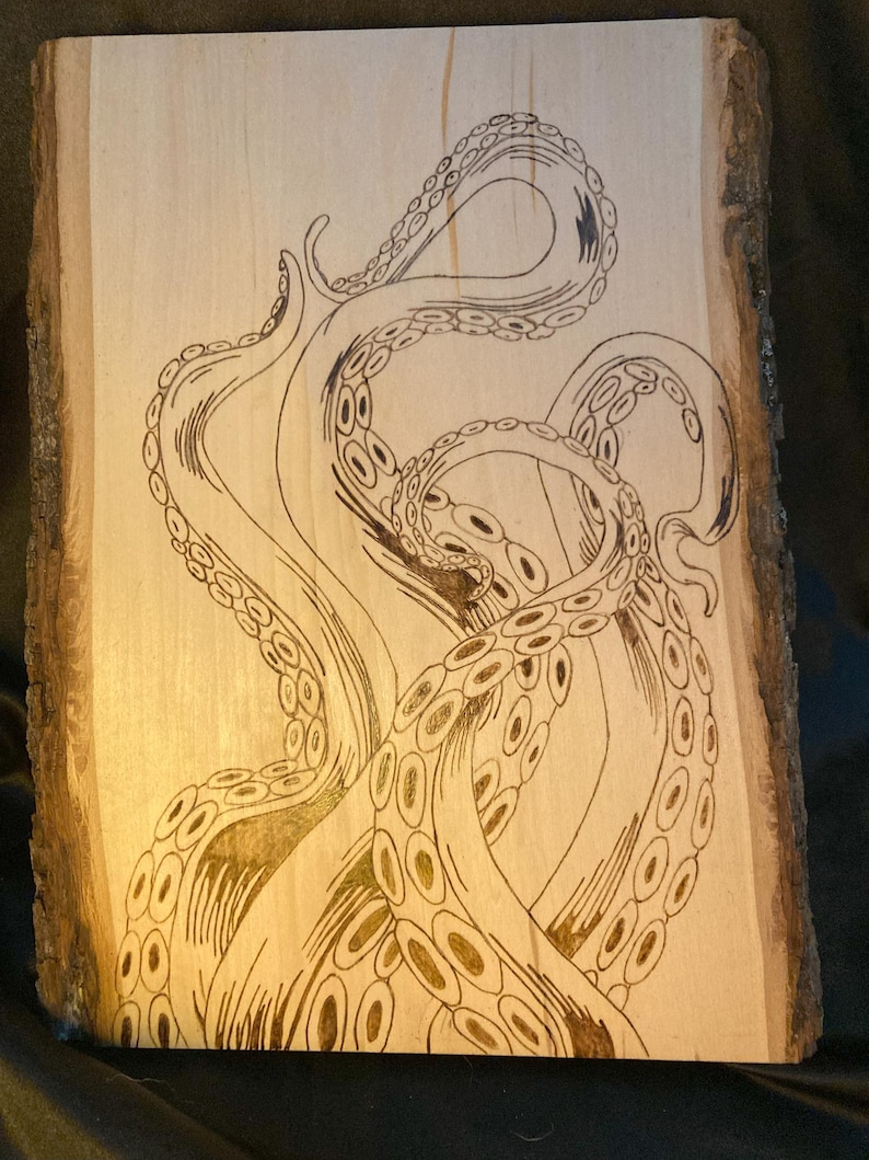 Handmade Wood Burned Art, Pyrography, Tentacles Squid Octopus on ...