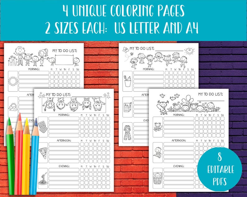 Kids Daily Routine Coloring Page: Editable Checklist (PDF Download) - Etsy