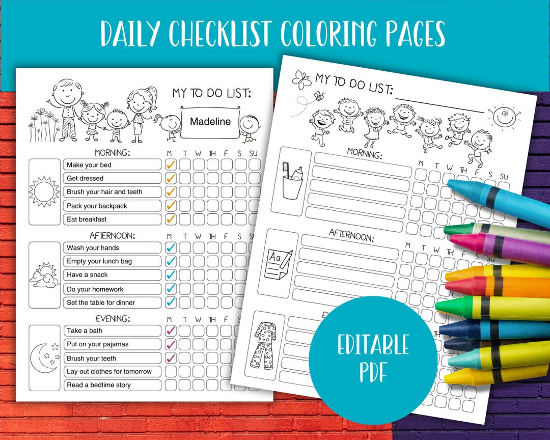 Kids Daily Routine Coloring Page: Editable Checklist (PDF Download) - Etsy