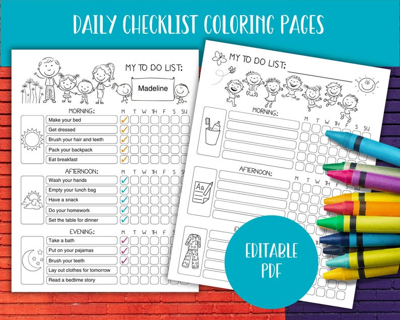 Kids Daily Routine Coloring Page: Editable Checklist (PDF Download) - Etsy