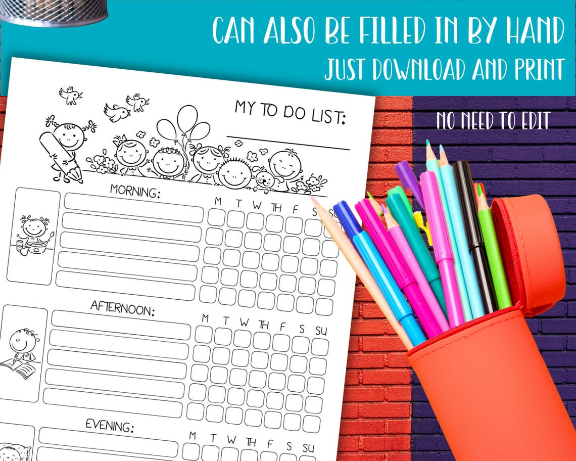 Kids Daily Routine Coloring Page: Editable Checklist (PDF Download) - Etsy