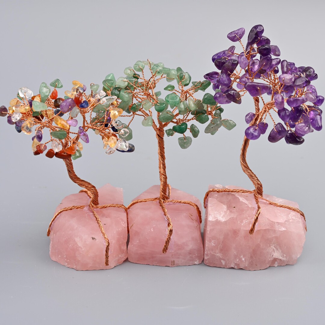 5" Nature Rose Quartz Base Gemstone Tree, Copper Wire Sculpture Tree of ...