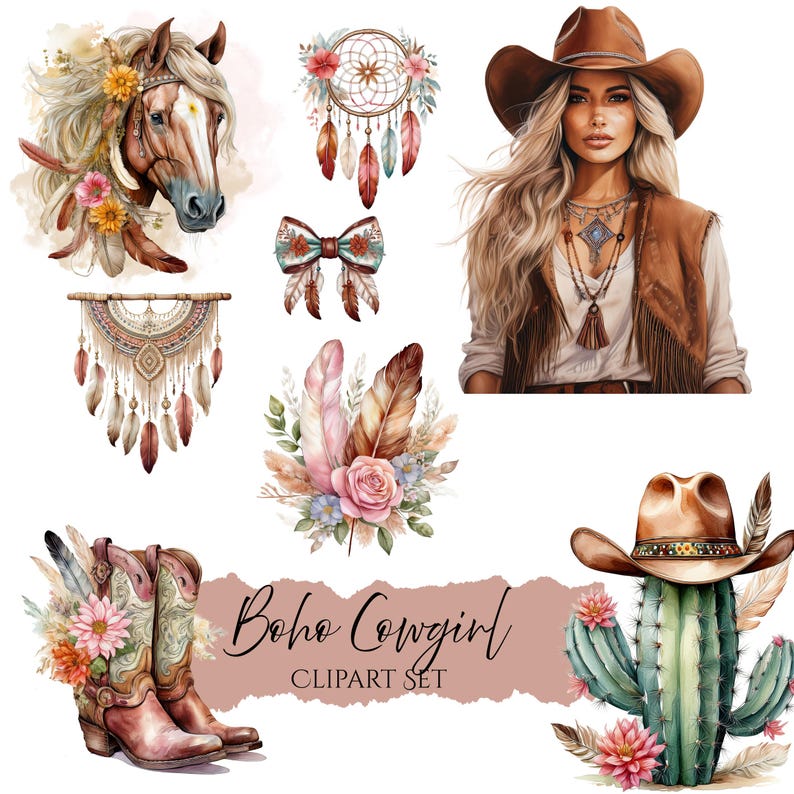 Boho Cowgirl Clipart Set | Western Boho Graphics | Retro Rodeo PNG ...