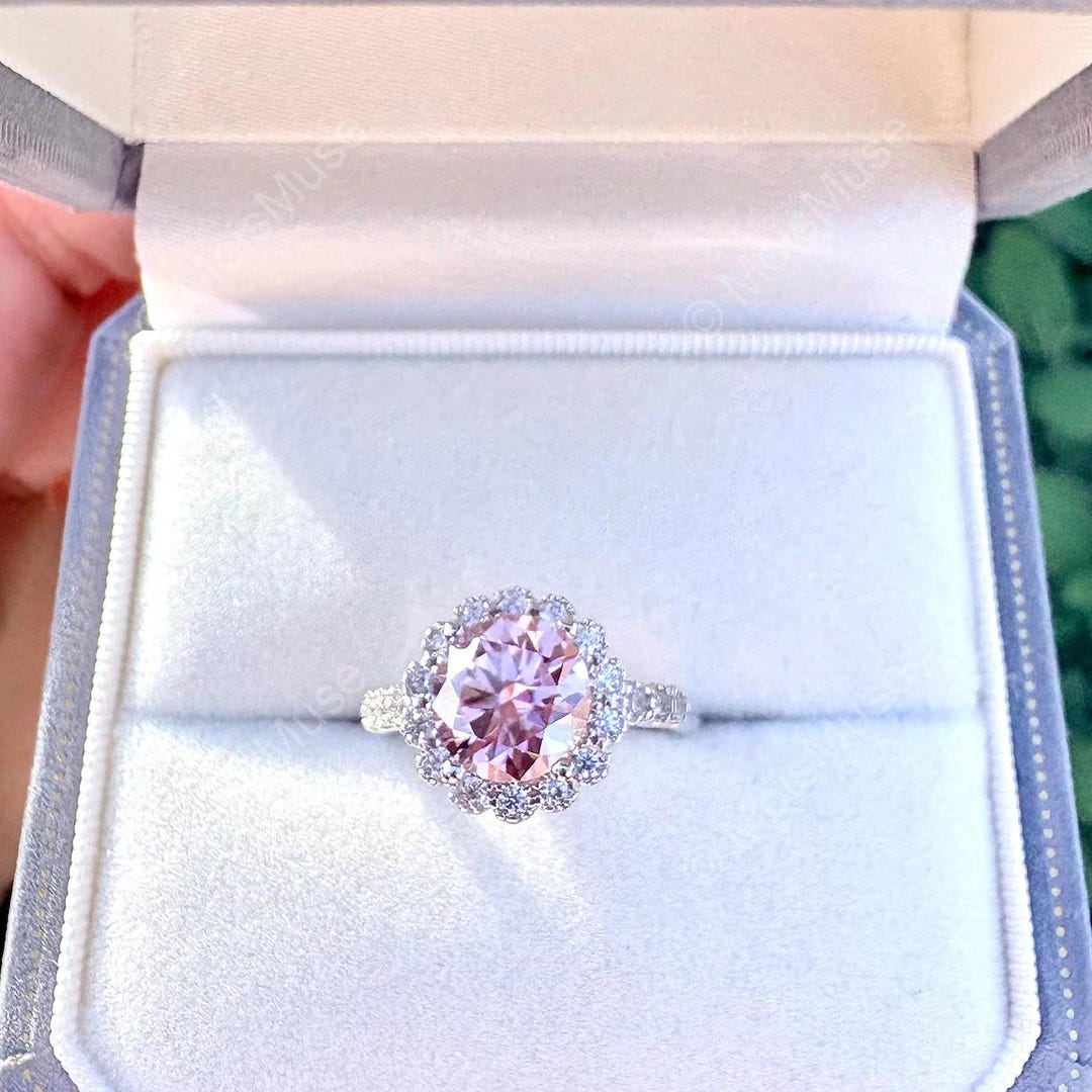 Sakura Pink Moissanite Engagement Ring: 2CT Halo Round Cut, Romantic ...