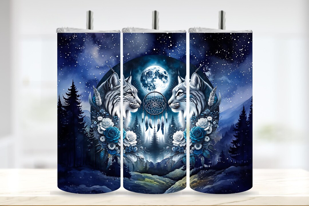 Mystic Lynx Dreamcatcher Tumbler PNG Celestial Moonlight Forest Wolves Bobcat Blue Floral ...