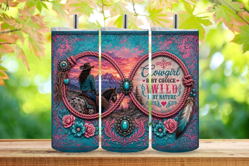 Cowgirl Horse Sunset Tumbler Wrap, Turquoise Pink Boho Western Design ...