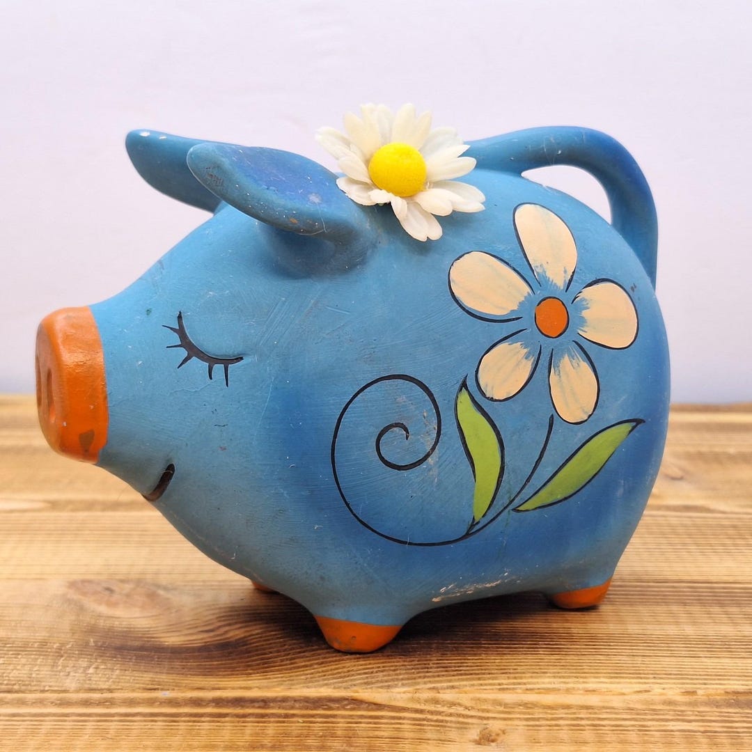 Vtg Napcoware Hippie Blue Piggy Bank Pig Daisy Flowers Ceramic Mcm 1980 ...