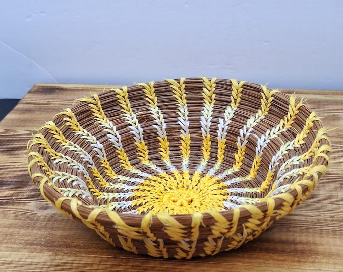 Vintage Sweetgrass Basket Yellow White Binding 7" X 2" Tiered Bowl ...