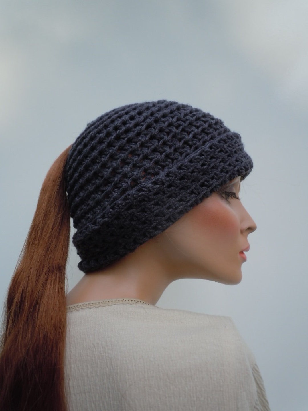 Ponytail Hat, Messy Bun Hat, Shades of Gray Hat, Gray Messy Bun Hat ...