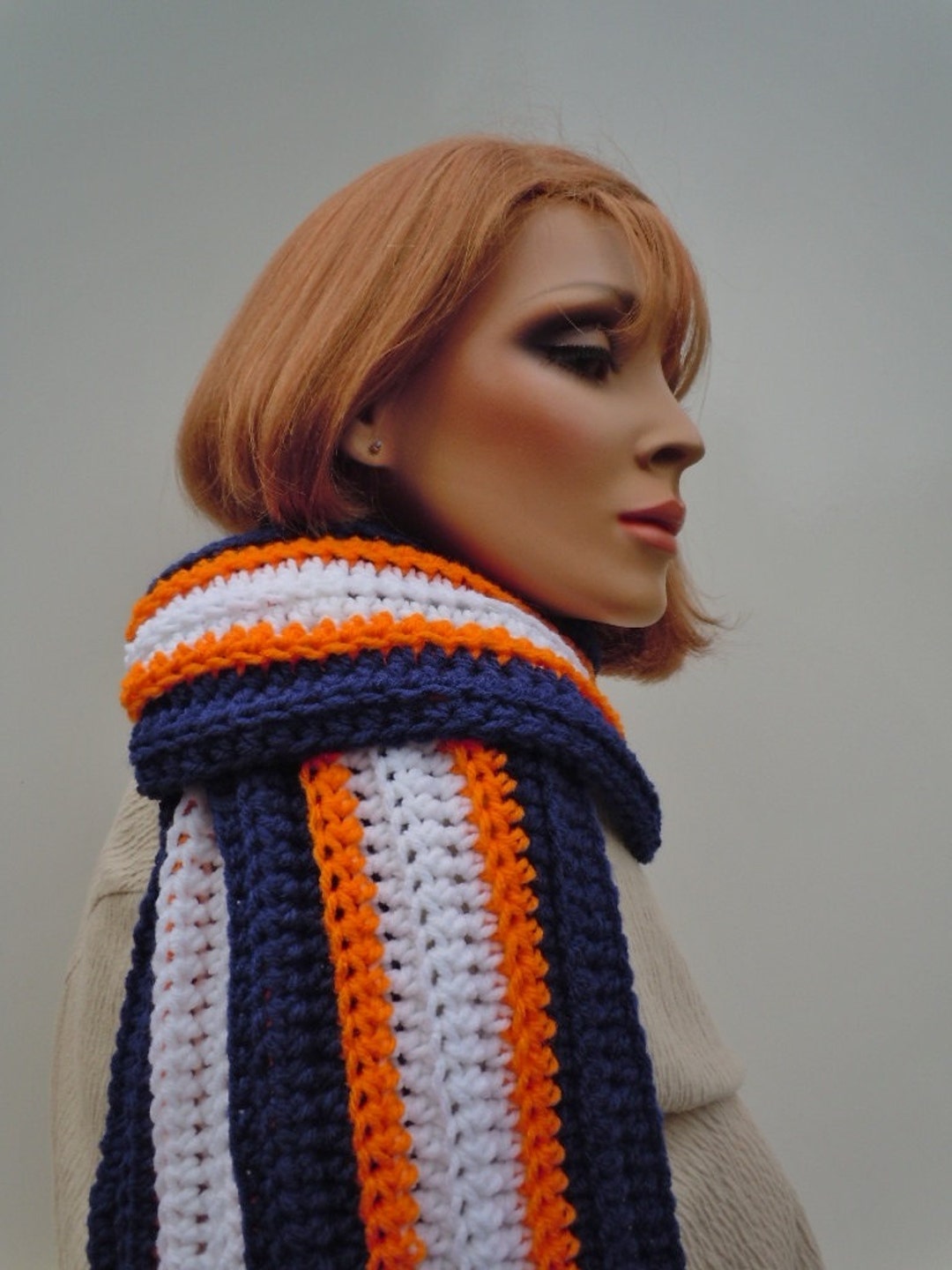 Sports Team Inspired Sports Scarf, Navy Blue, Orange, White Crocheted ...