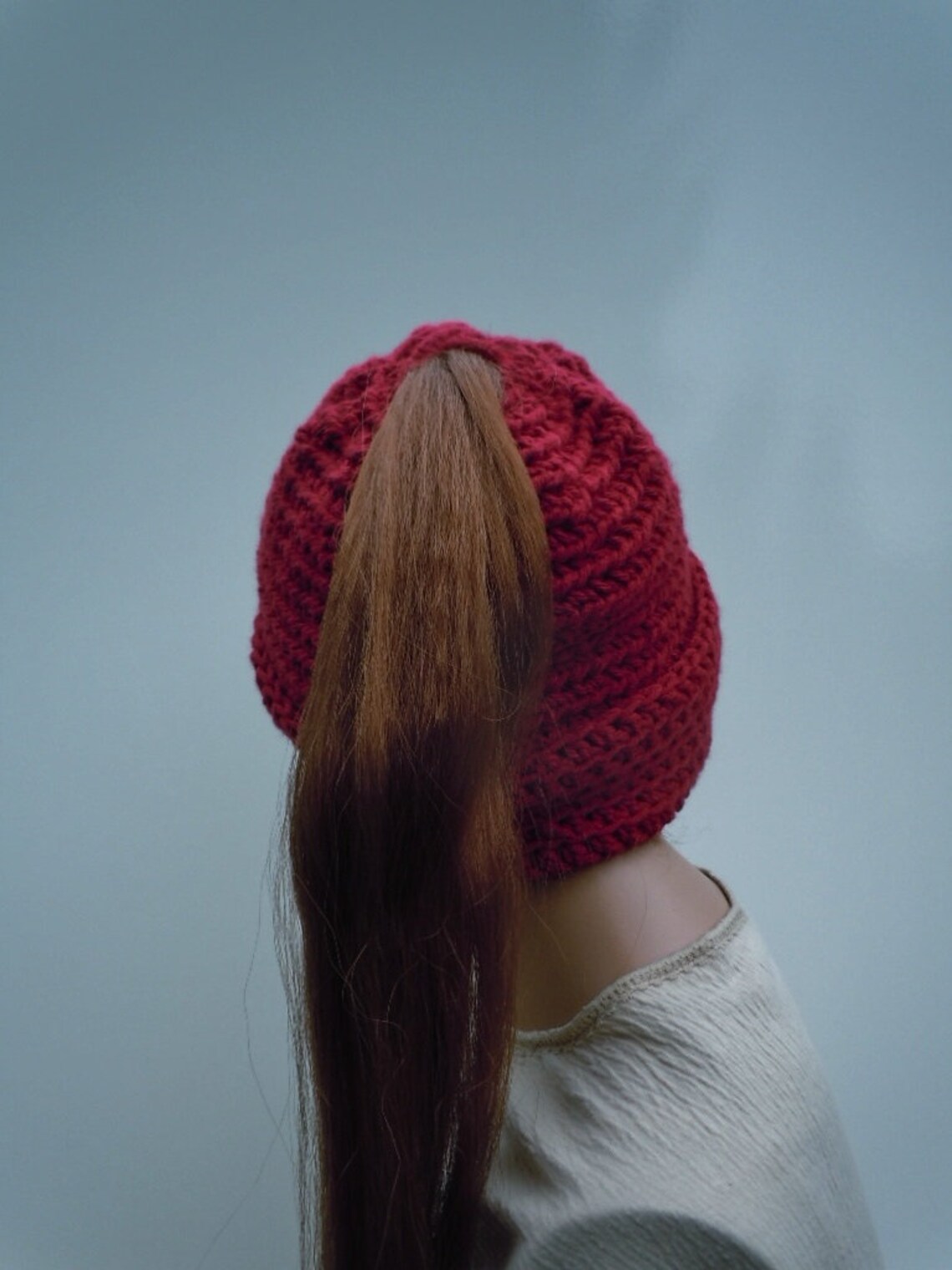 Ponytail Hat, Messy Bun Hat, Cranberry Red Hat, Hat for Long Hair ...