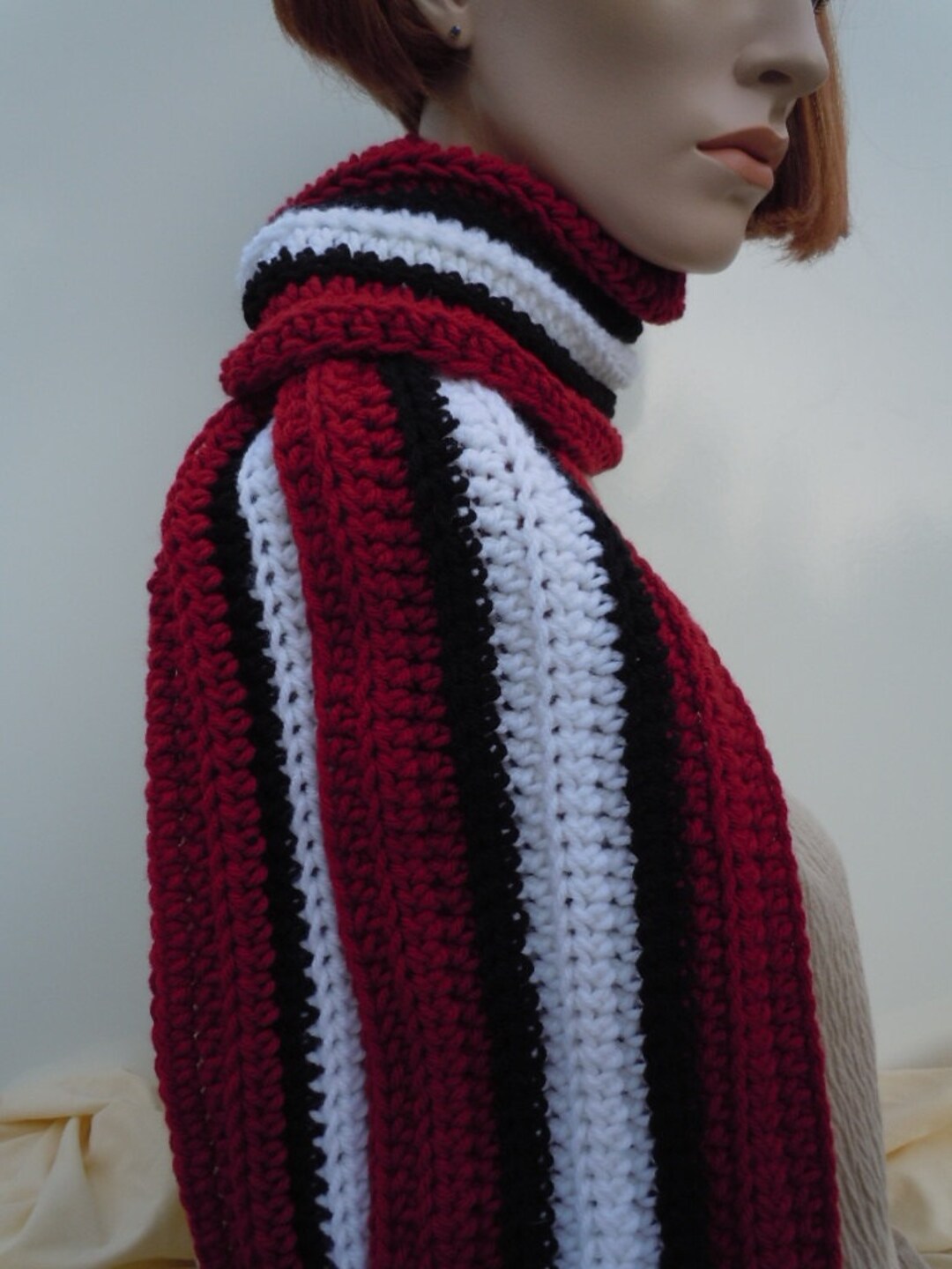 Sports Team Inspired Sports Scarf, Red Black White Crocheted Scarf ...