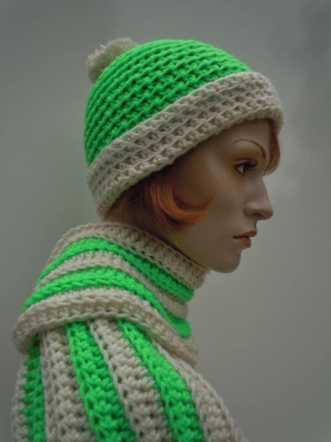 Fluorescent Lime Green and White Hat and Scarf Set - Women - Crochet ...
