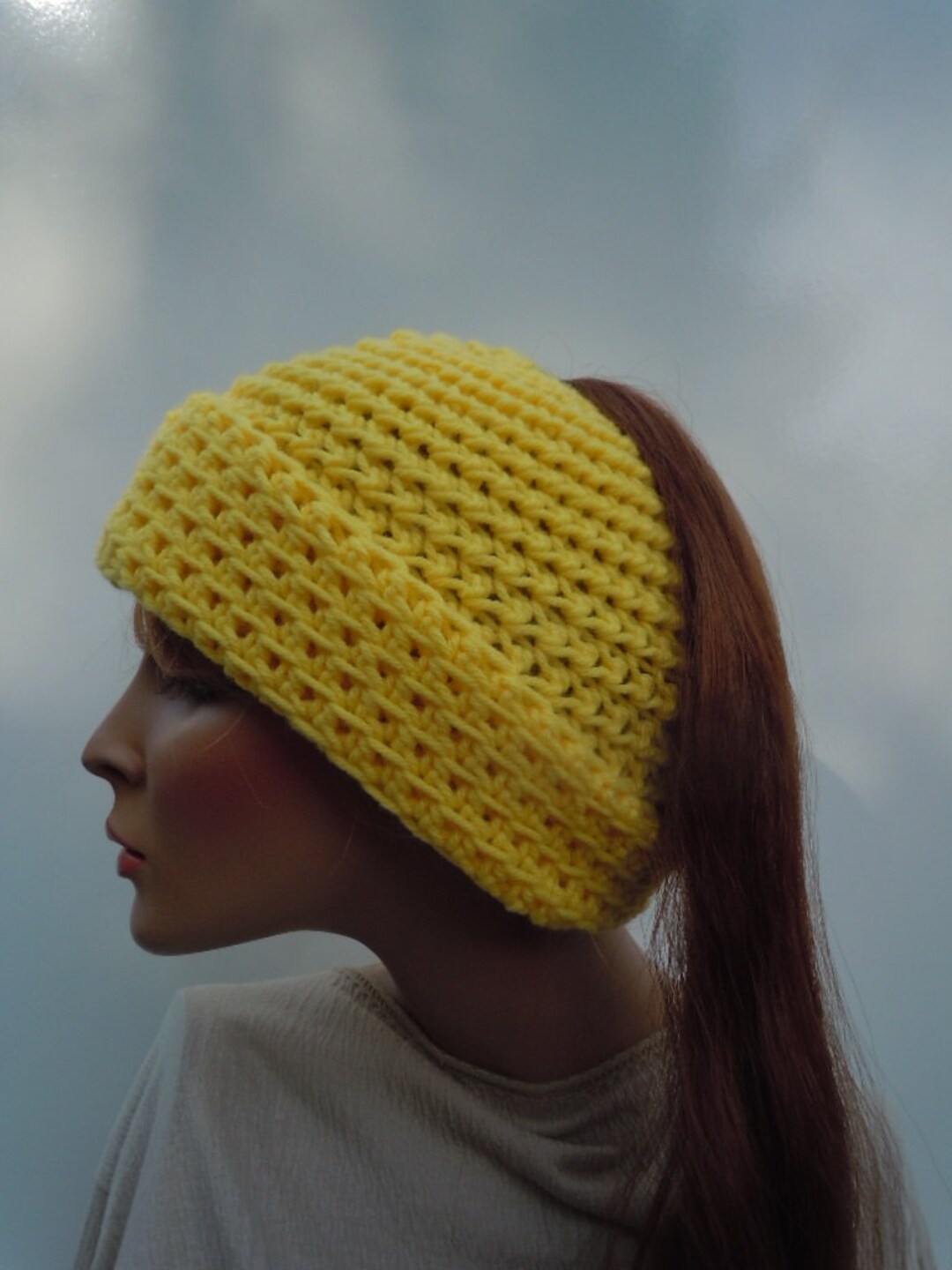 Ponytail Hat, Messy Bun Hat, Bright Yellow Hat, Hat for Long Hair ...